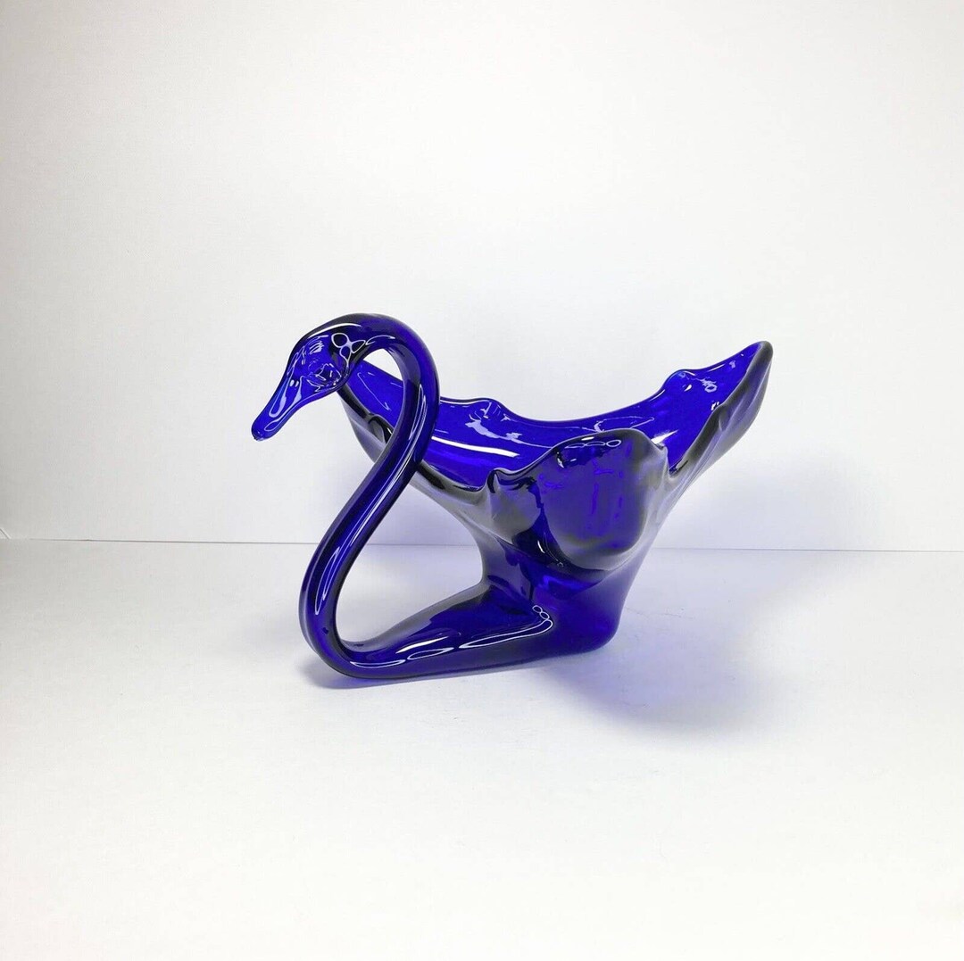 Cobalt Blue SWAN Glass Triangular Centerpiece Bowl, 12” Mid-century Ca ...