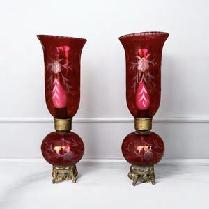 1960s 2 Cranberry Flashed Cut Glass Boudoir Electric Table Lamps on ...