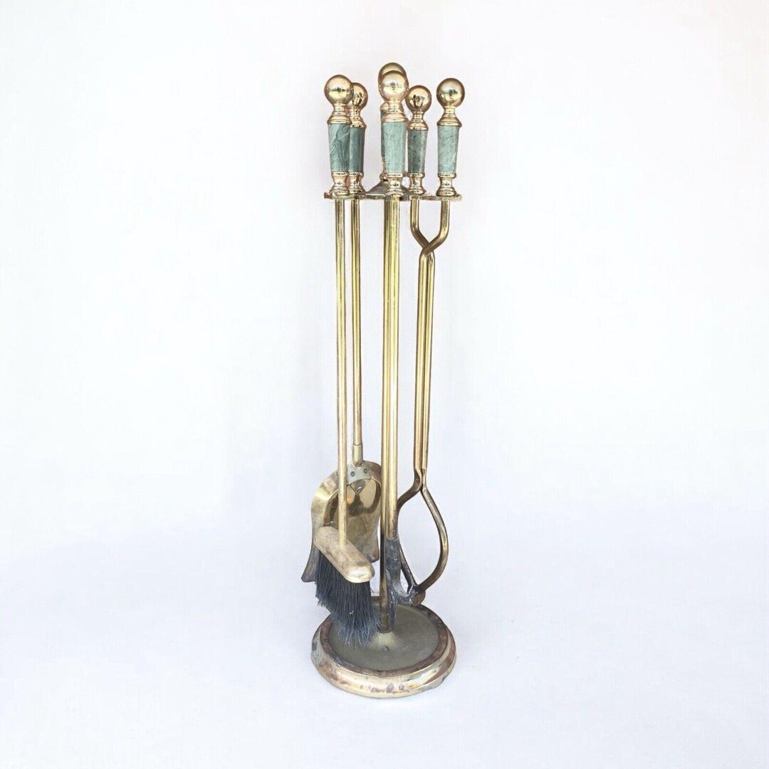 1980s Ball Head Marble Handle Brass 4-piece & Stand Fireplace Tool Set ...