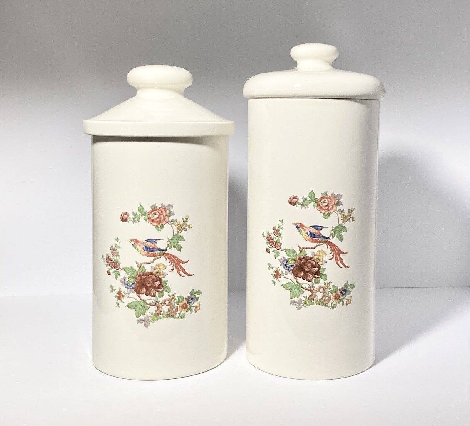 Pair of Ceramic Asian Floral and Bird Large Kitchen Pantry Canisters 13 ...