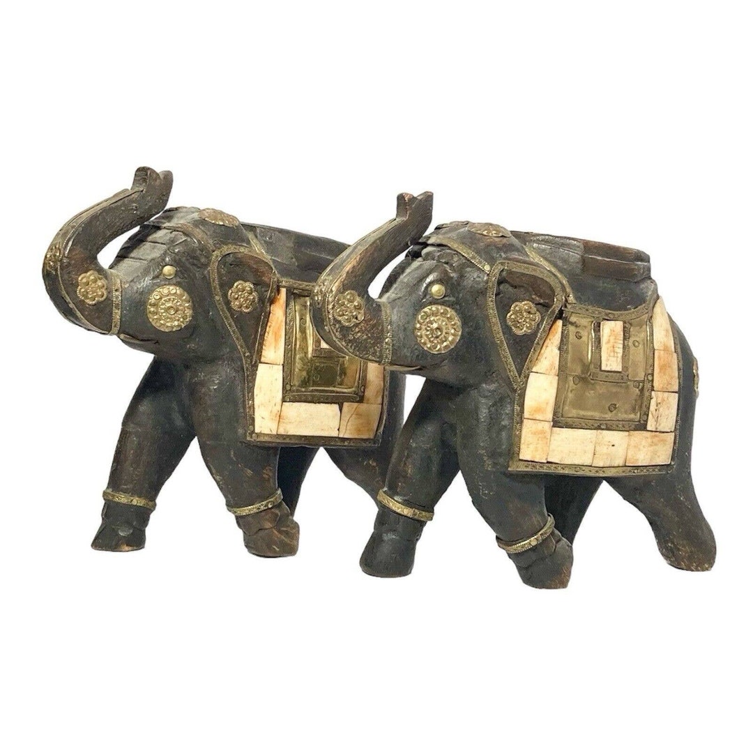 Pair of Indian-asian Handmade Wooden Elephants Adorned W/brass & Bone 6 ...