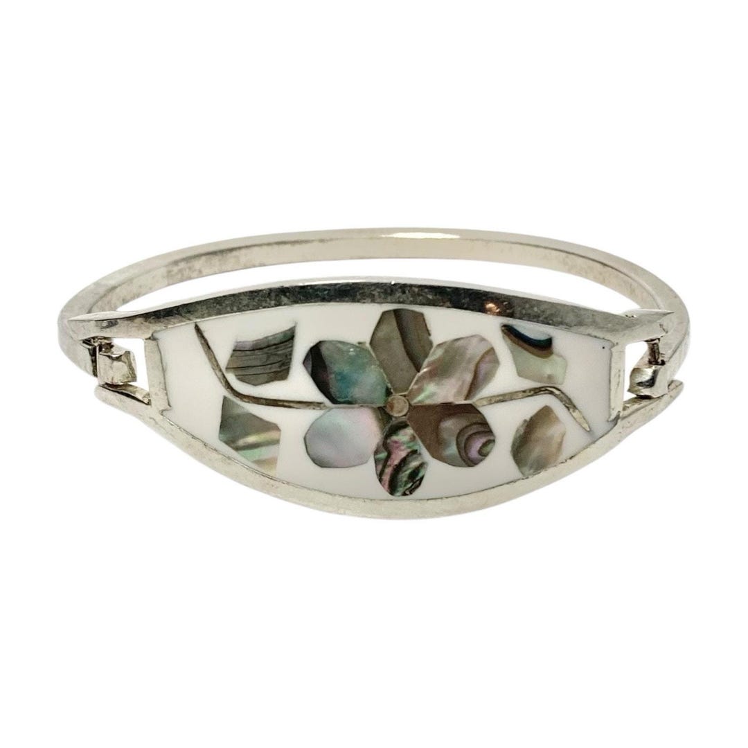 1960s Abalone Shell Inlay Alpaca & Nickel Silver Small Flower Bracelet ...
