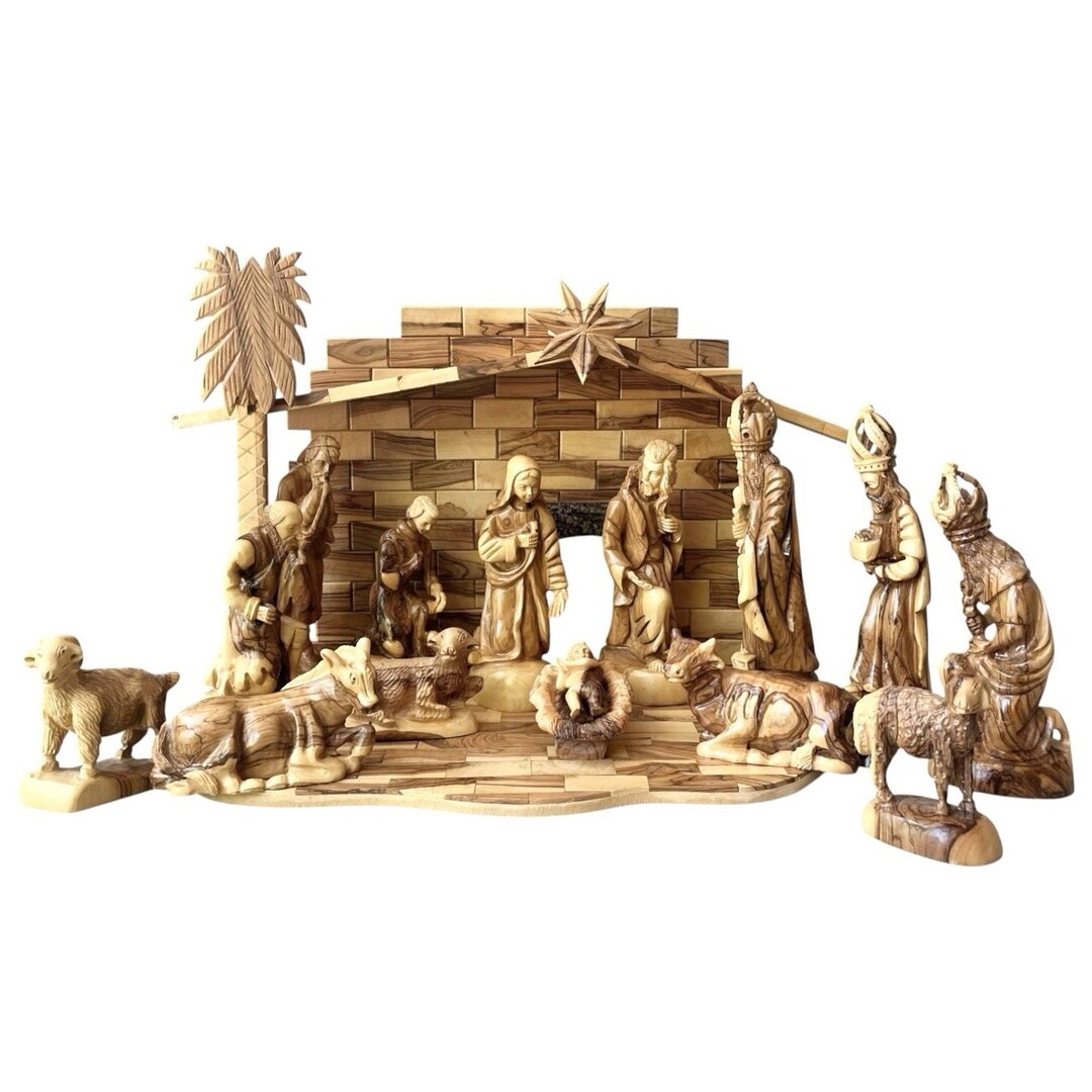 Large Scale 25” Manger Olive Wood Hand Carved 16-piece Nativity Set ...