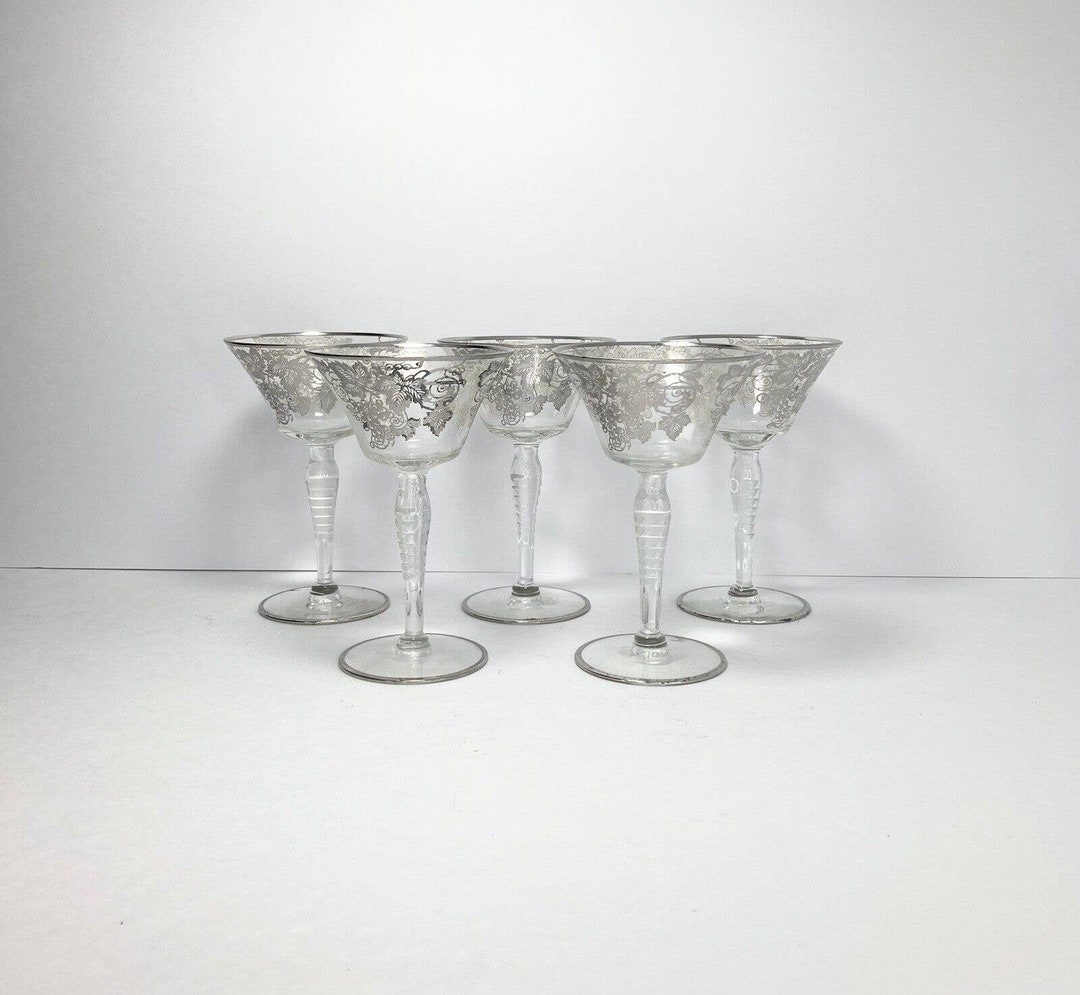SILVER CITY Glass Silver Overlay 5 Wine Glasses 5 5/8” 8oz Vintage MCM ...