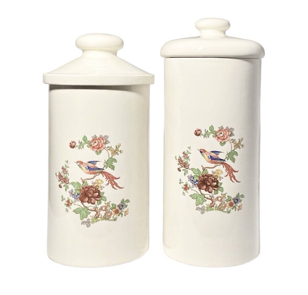 Pair of Ceramic Asian Floral and Bird Large Kitchen Pantry Canisters 13 ...