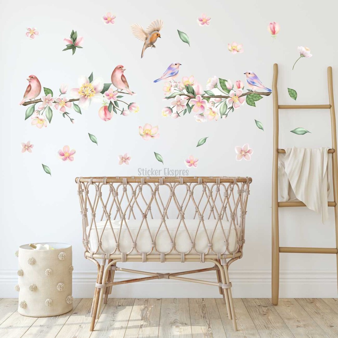 Flowery Tree Branch Wall Decal Bloomy Branch Wall Sticker Birds Wall ...