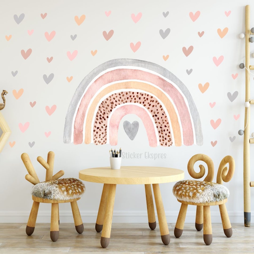 Watercolor Pastel Rainbow and Hearts Wall Decal Boho Rainbow - Etsy