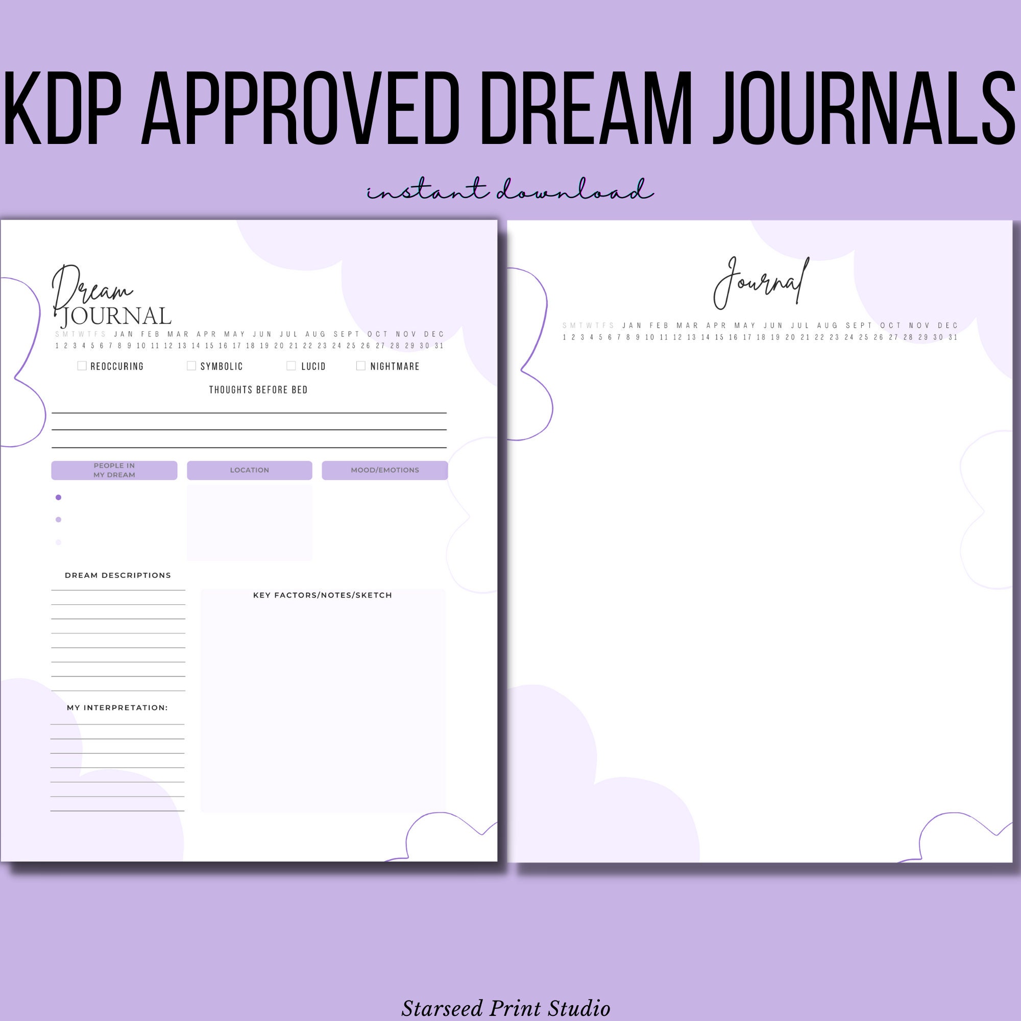 Four Approved KDP Dream Journal Template | Two 6x9 & Two 8.5 121 Pages ...