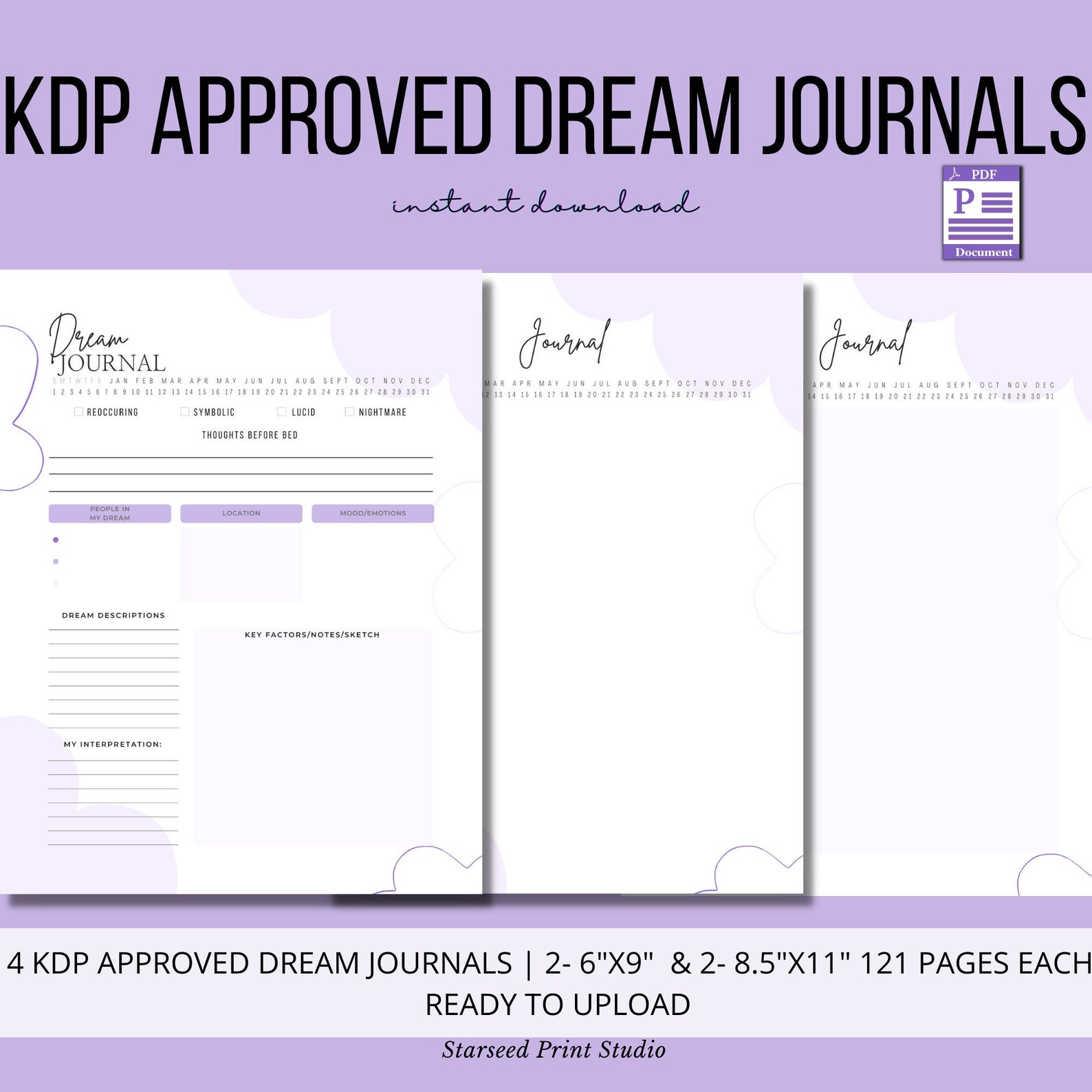 Four Approved KDP Dream Journal Template | Two 6x9 & Two 8.5 121 Pages ...