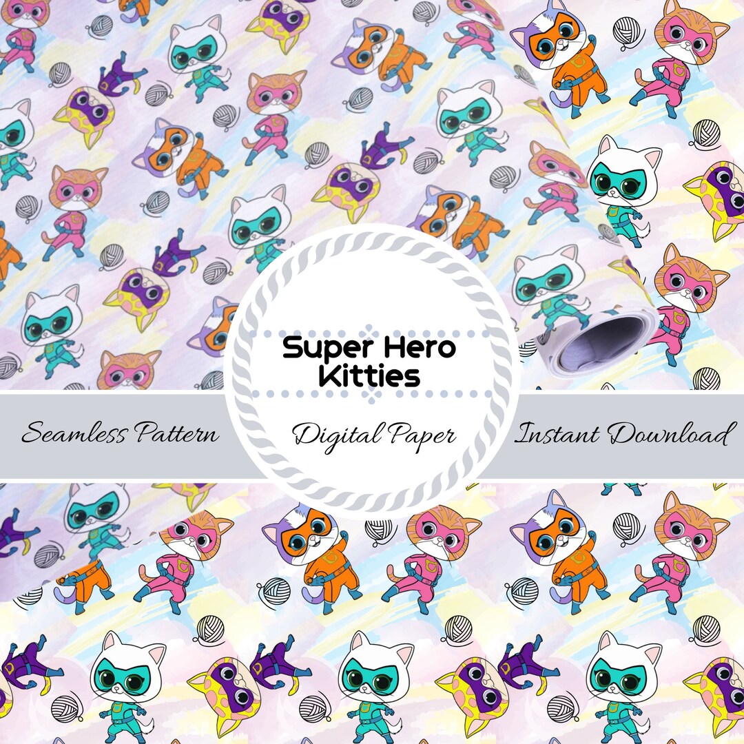 SUPER HERO KITTIES Digital Seamless Pattern Printable Fabric Birthday ...