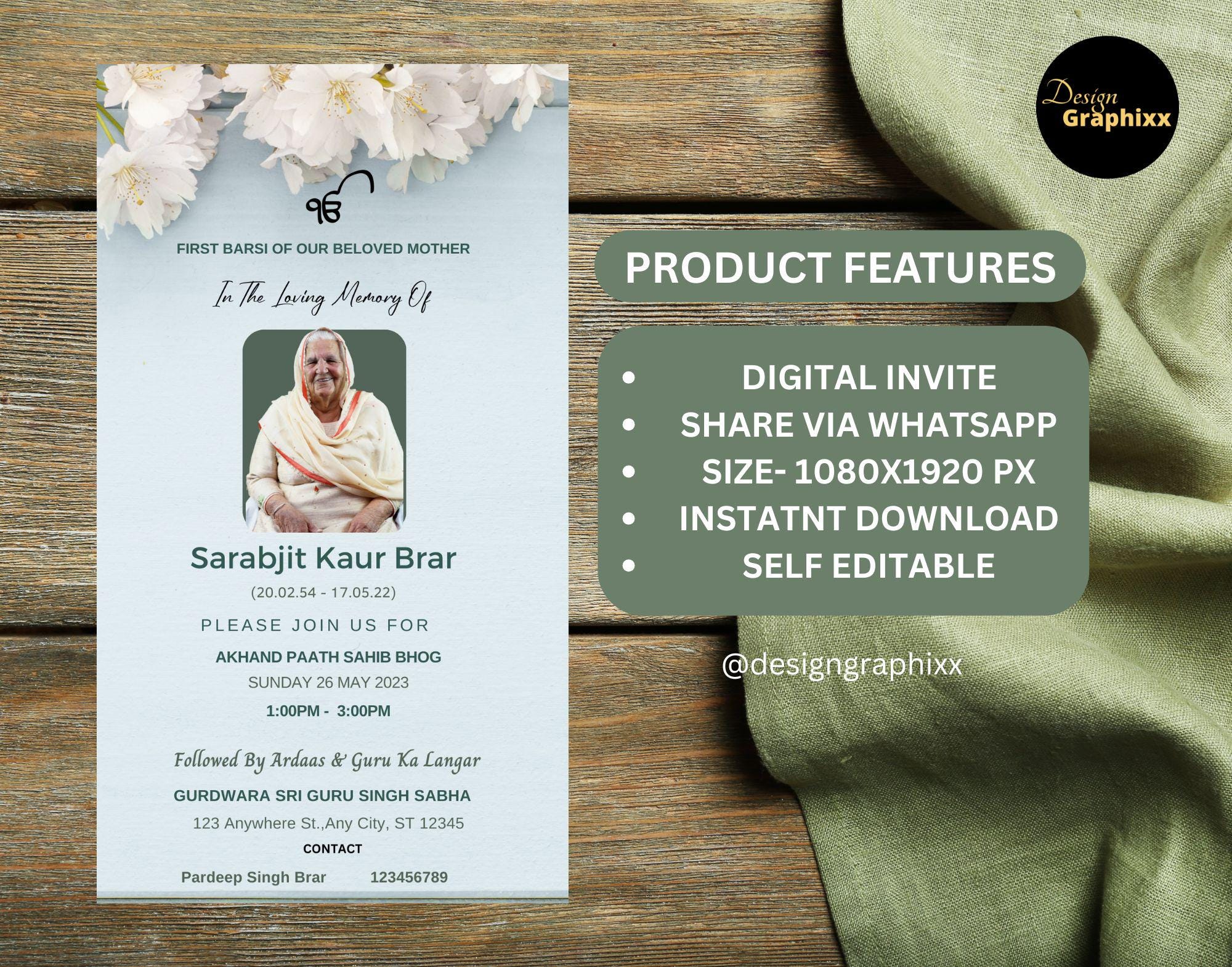 Sikh First Barsi Ceremony Invitation | Customizable Digital Funeral ...