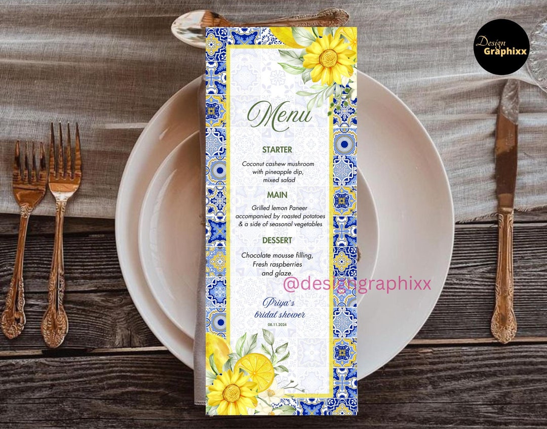 Tuscan Lemon Menu Card Printed Menus Positano Menus for Birthday ...