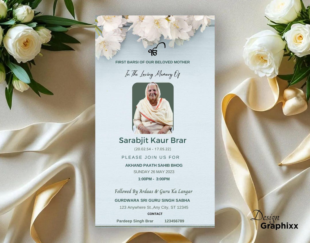 Sikh First Barsi Ceremony Invitation | Customizable Digital Funeral ...