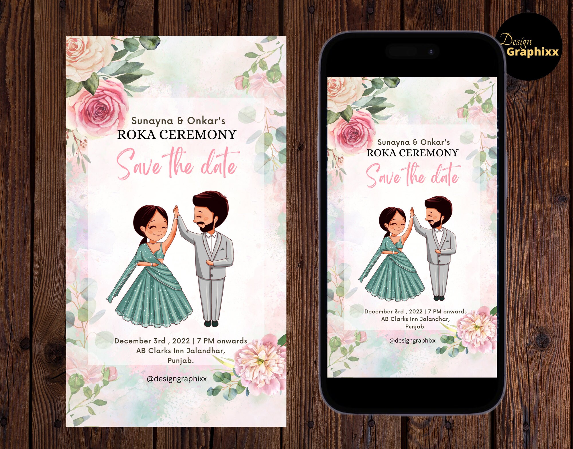 Hindu Sikh Engagement Invite & Roka Invite Couple Illustration Digital ...