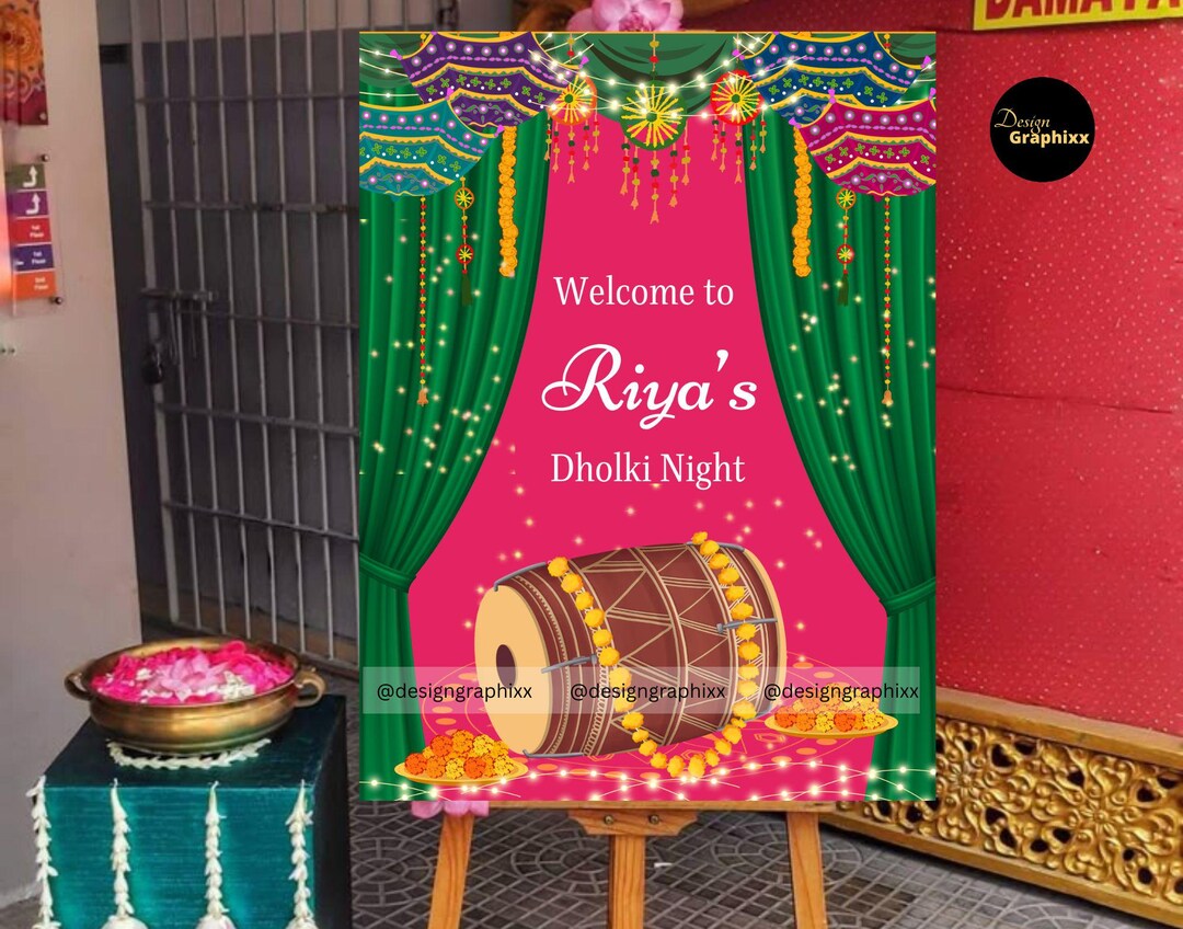 Dholki Welcome Sign, Mehndi Ceremony Decor, Haldi Event Poster, Indian ...