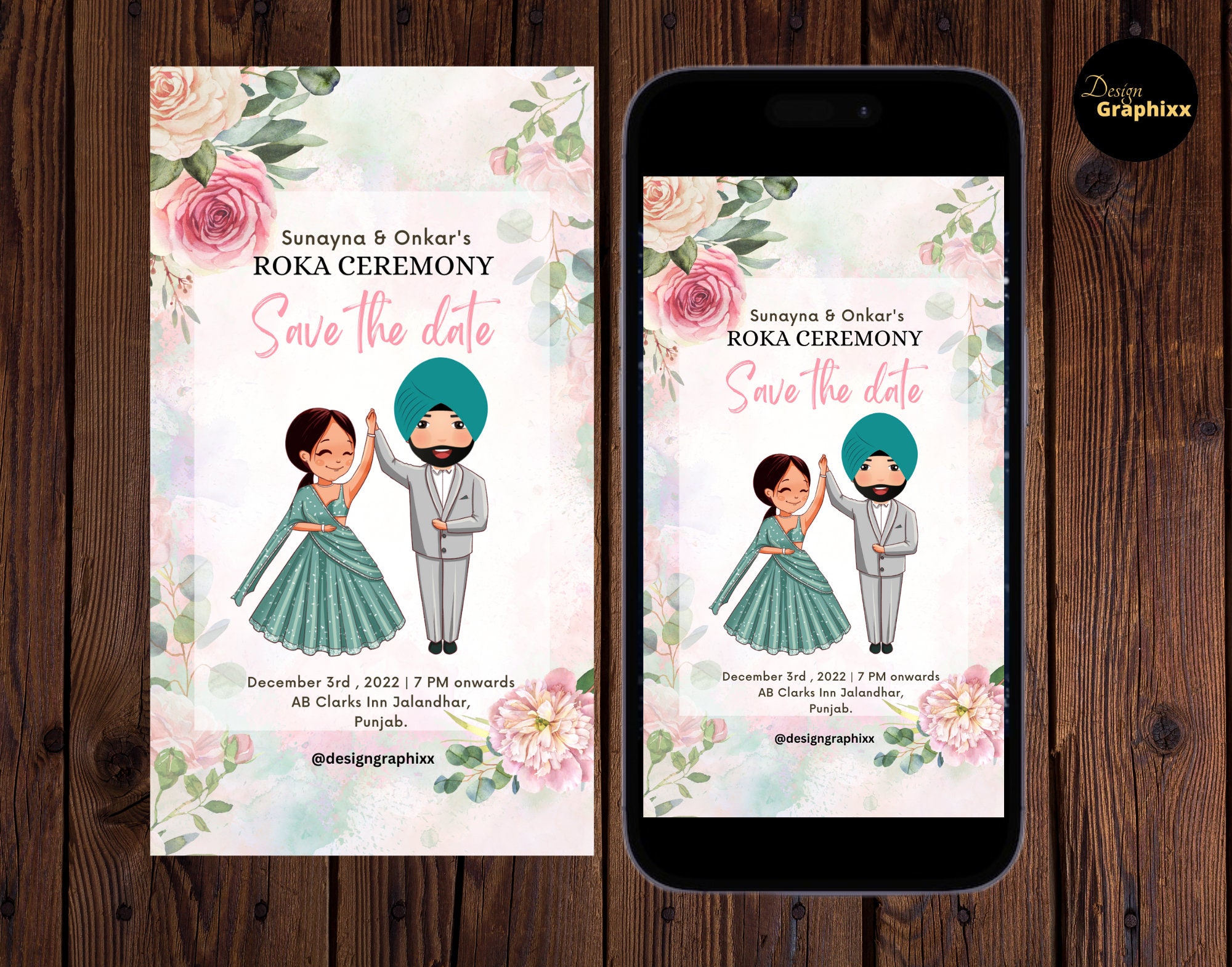 Hindu Sikh Engagement Invite & Roka Invite Couple Illustration Digital ...