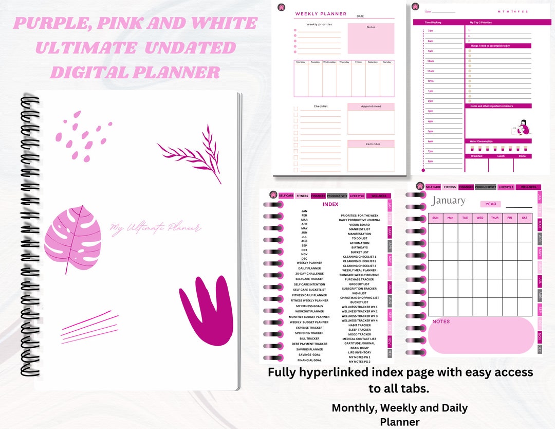 Undated Digital Planner: Pink, Purple & White - Goodnotes, Notability ...