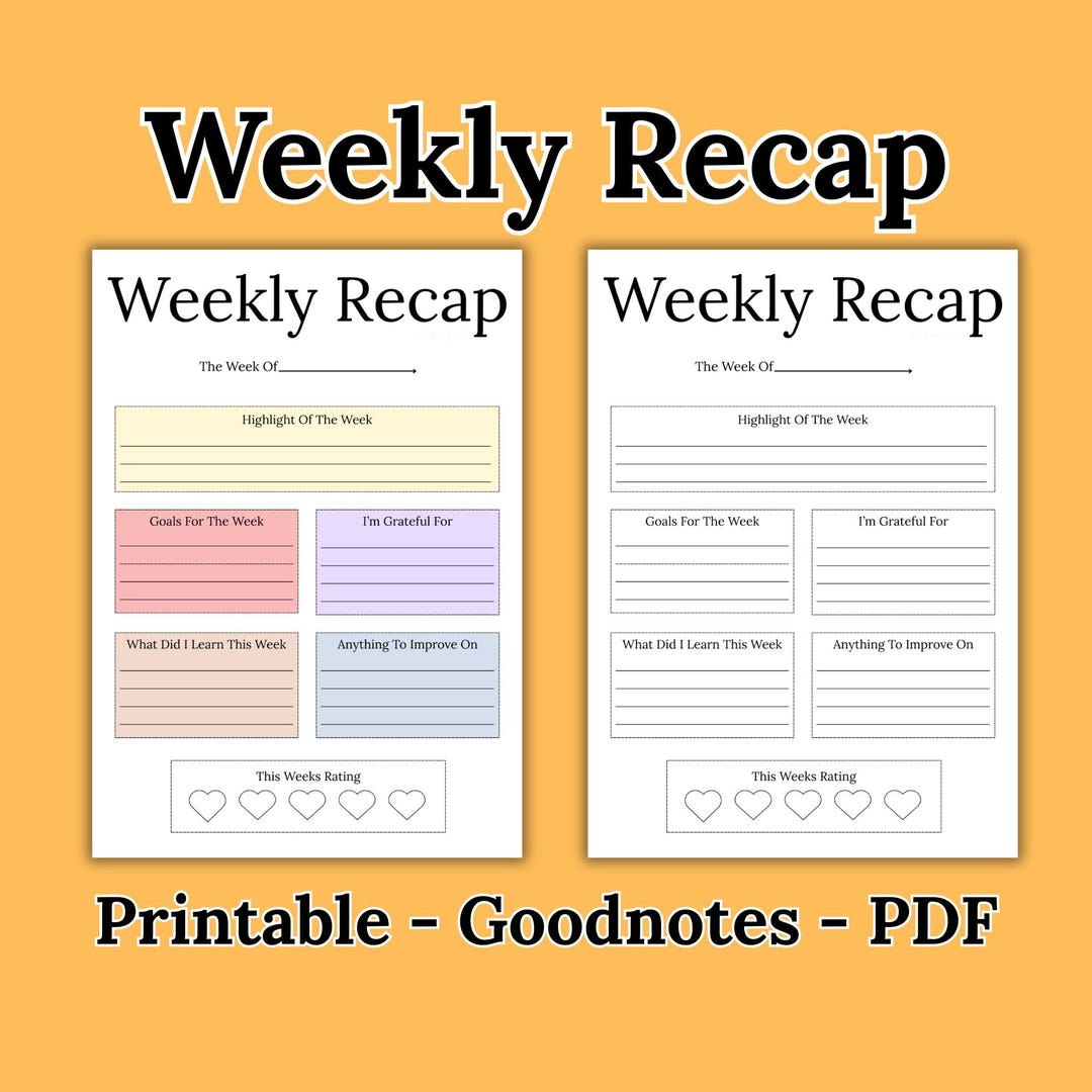 Weekly Recap Printable | A4 Planner Sheet | Color + Black & White ...