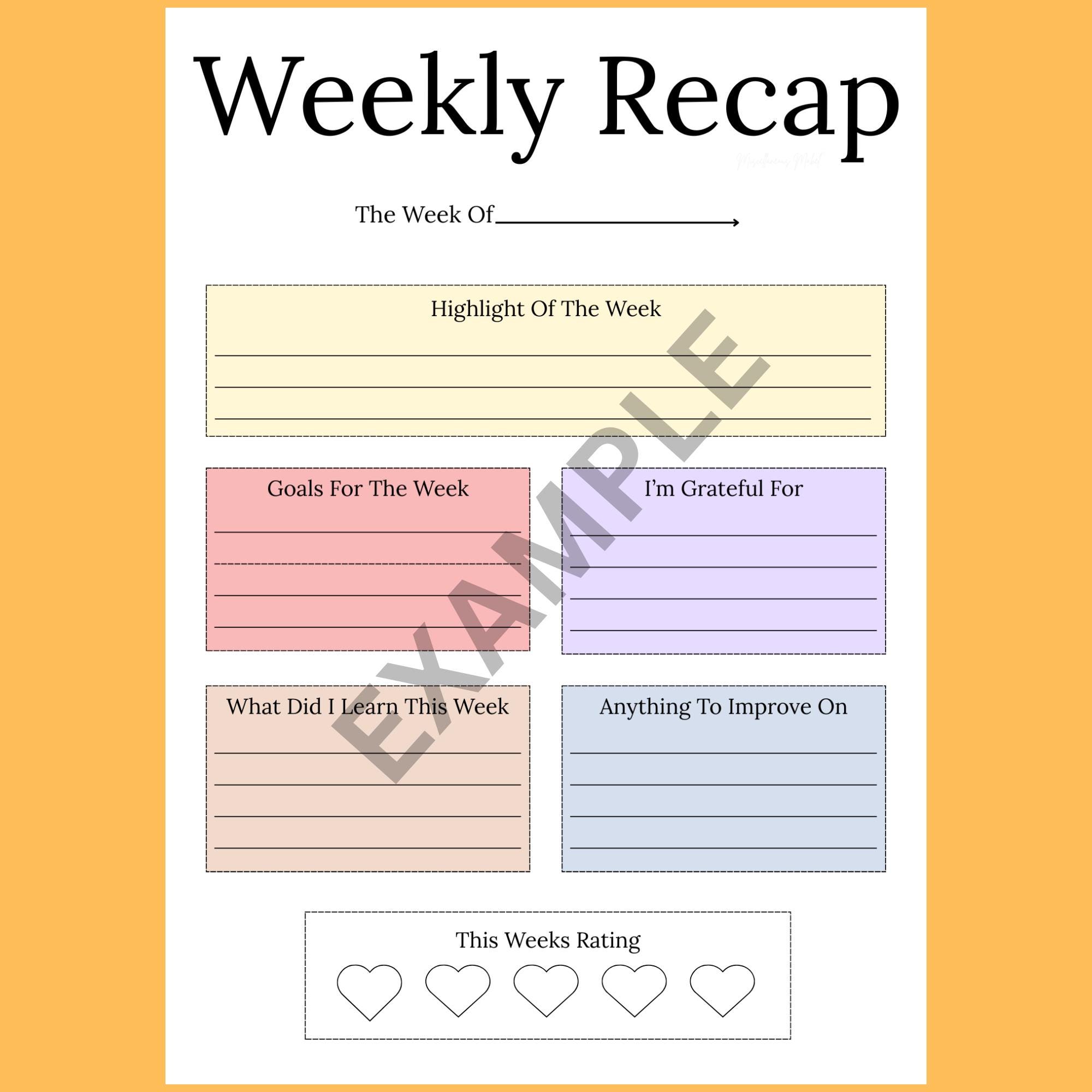 Weekly Recap Printable | A4 Planner Sheet | Color + Black & White ...