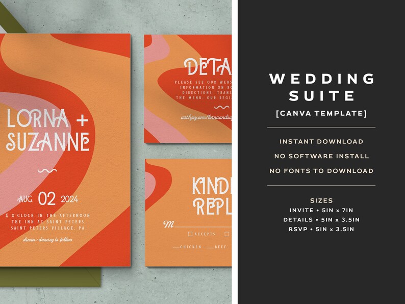 Colorful Retro Themed Wedding Invitation Set Printable Bold - Etsy