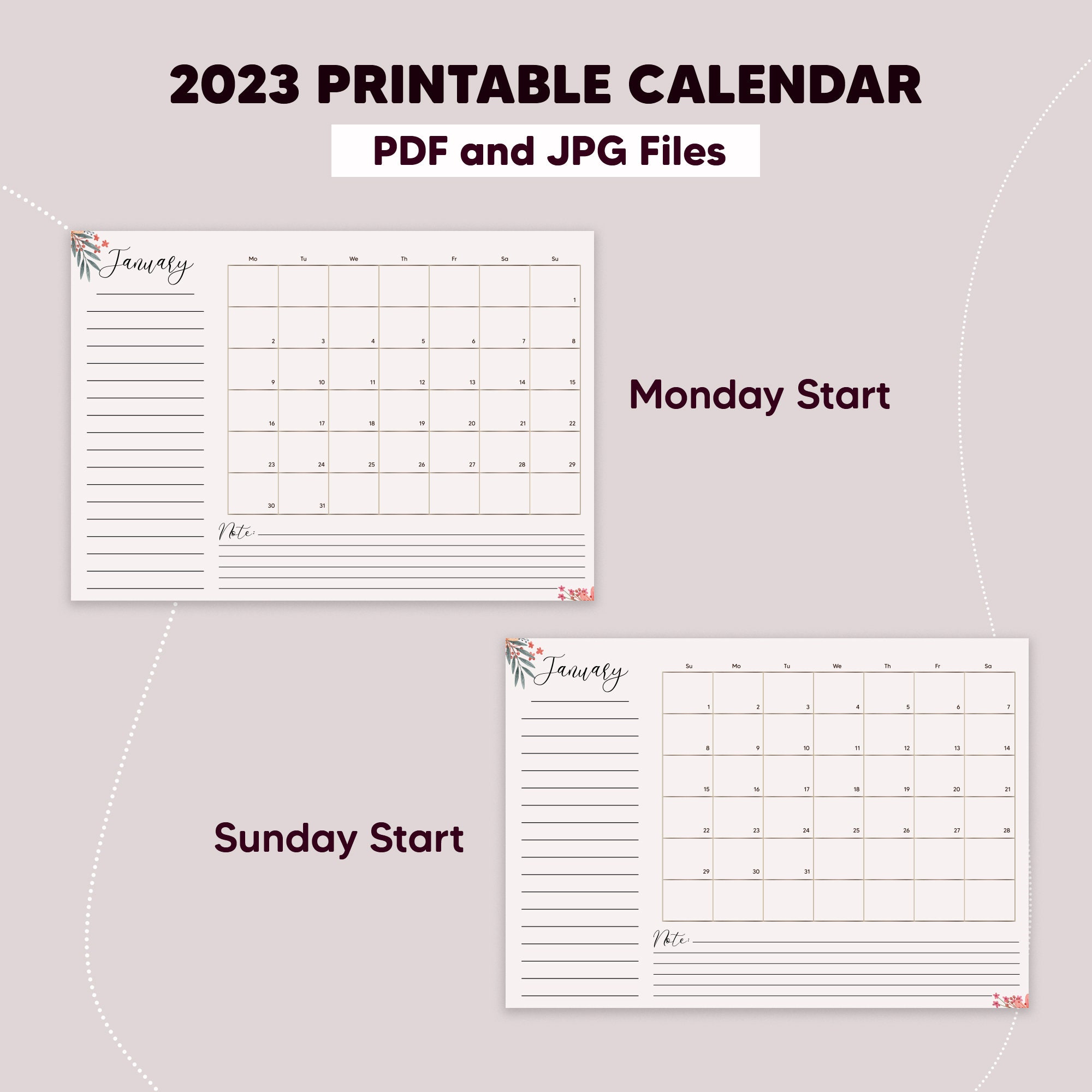 2023 Printable Calendar Monthly Calendar 2023 Monday and - Etsy