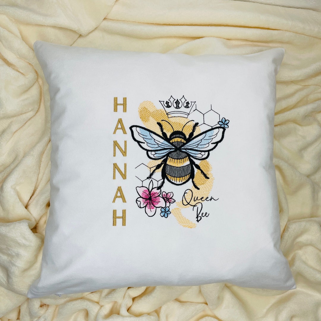 Custom Embroidered Queen Bee Design Decorative Cushion - Personalised ...