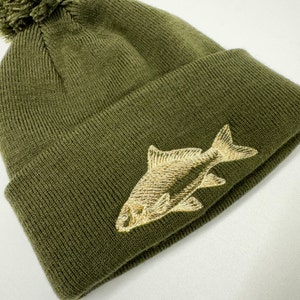 Carp Embroidered Khaki Fishing Beanie or Pompom Hat - Ideal for Outdoor ...