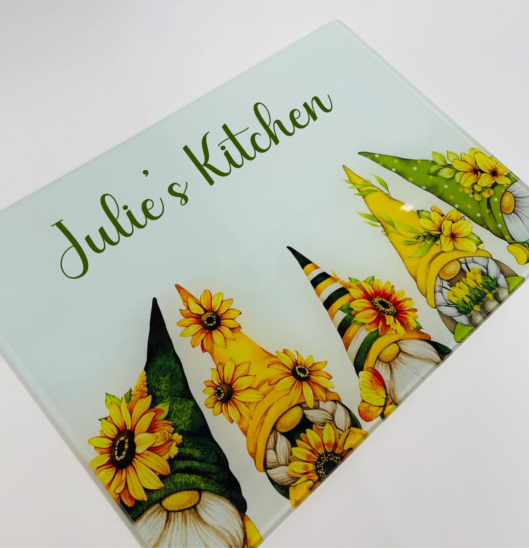 Custom Glass Chopping Board: Five Gonks Amongst Sunflowers ...