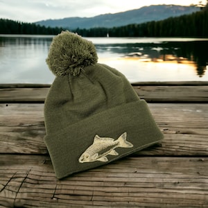 Carp Embroidered Khaki Fishing Beanie or Pompom Hat - Ideal for Outdoor ...