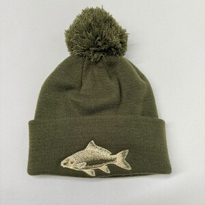 Carp Embroidered Khaki Fishing Beanie or Pompom Hat - Ideal for Outdoor ...