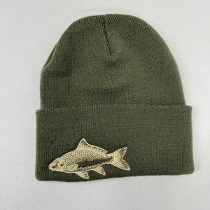 Carp Embroidered Khaki Fishing Beanie or Pompom Hat - Ideal for Outdoor ...