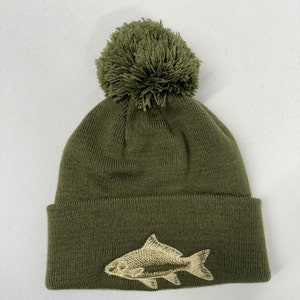 Carp Embroidered Khaki Fishing Beanie or Pompom Hat - Ideal for Outdoor ...