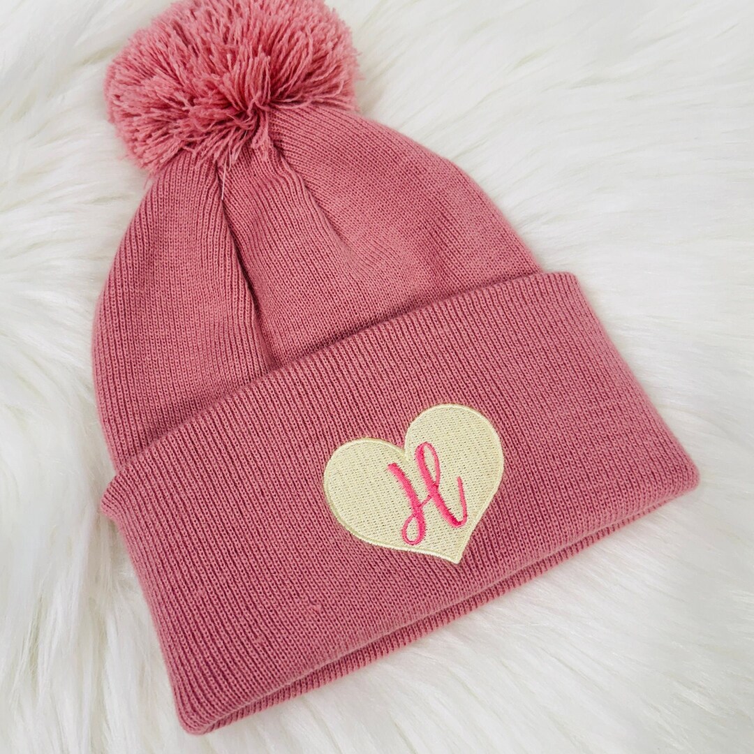 Girls Pompom Beanie – Heart Embroidered Initial, Personalised Kids Hat ...