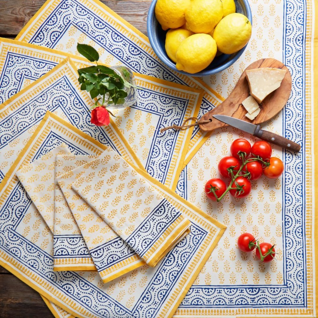 Yellow Blue Motif Block Print Table Linens Set - Etsy