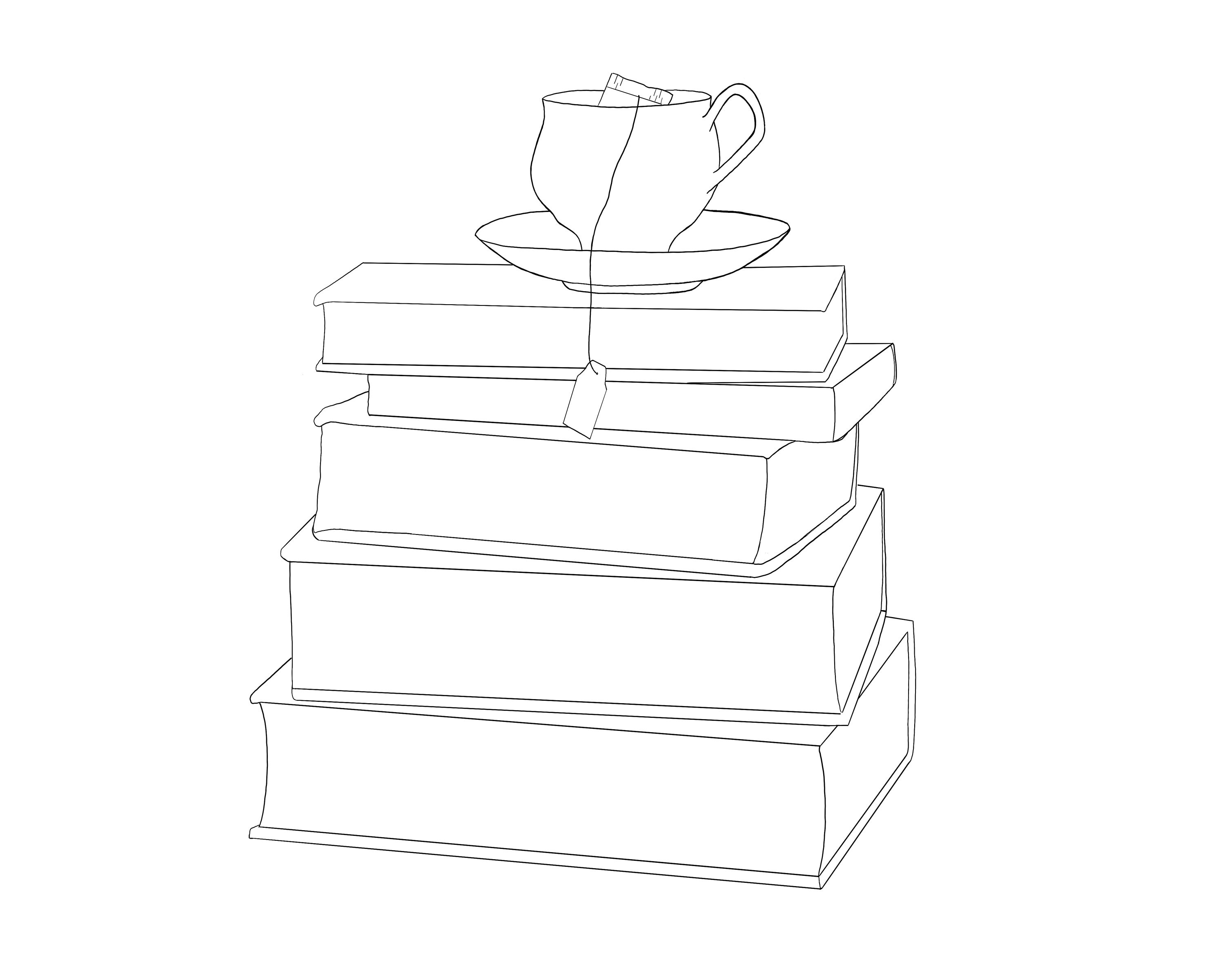 Tea Cup and Book Stack Line Art Minimalist High-quality JPG Digital ...