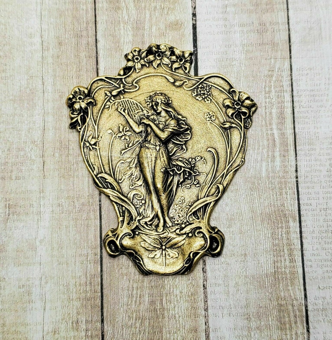 Large Brass Angel With Harp Flowers Dragonfly Stamping X 1 - 1325FF - Etsy