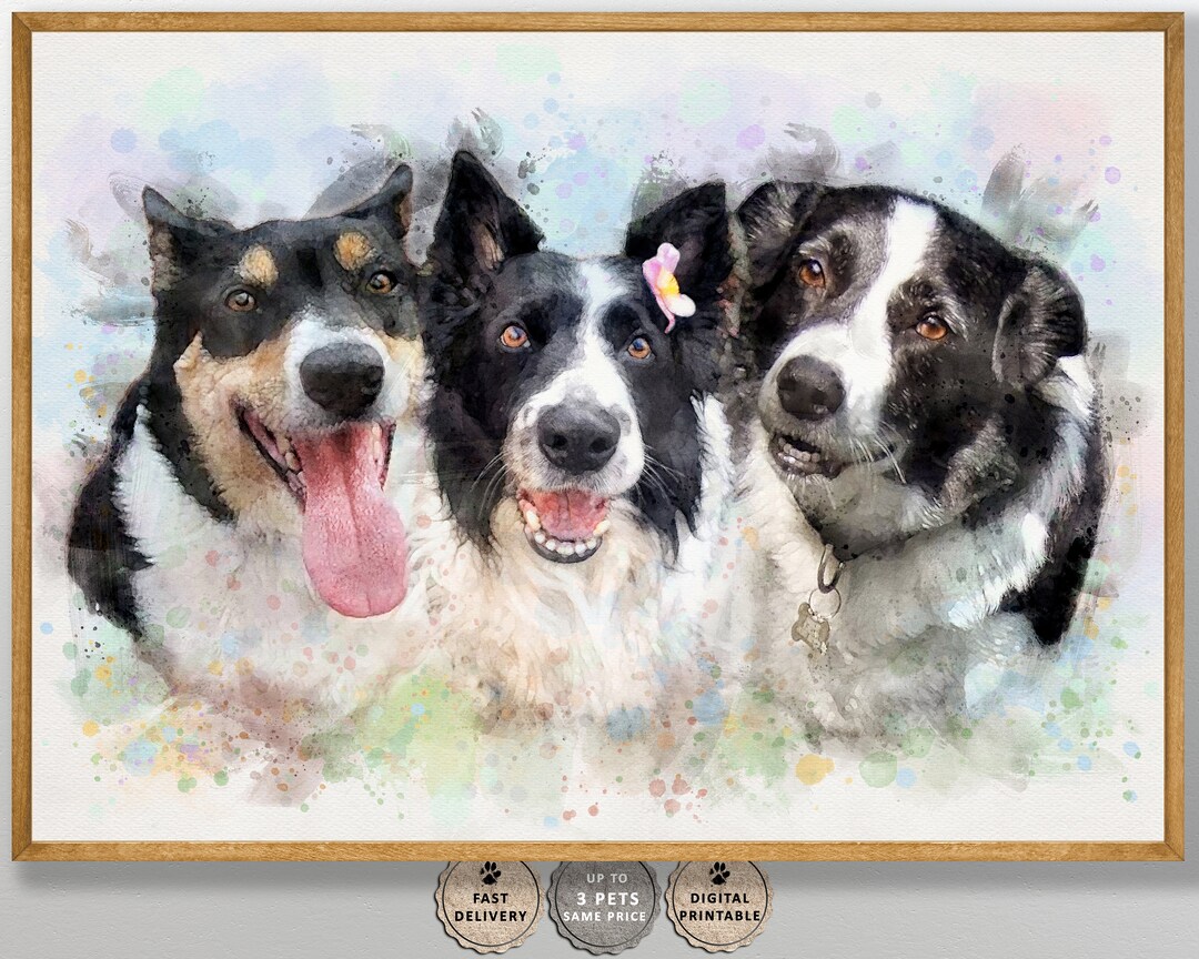 Custom 3 Dog Portrait Painting From Photo. Bespoke Gift Watercolour ...