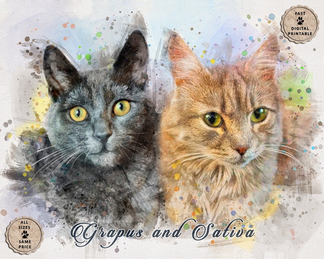 Two Cats Portrait Custom Watercolor Painting From Photo, Multiple ...