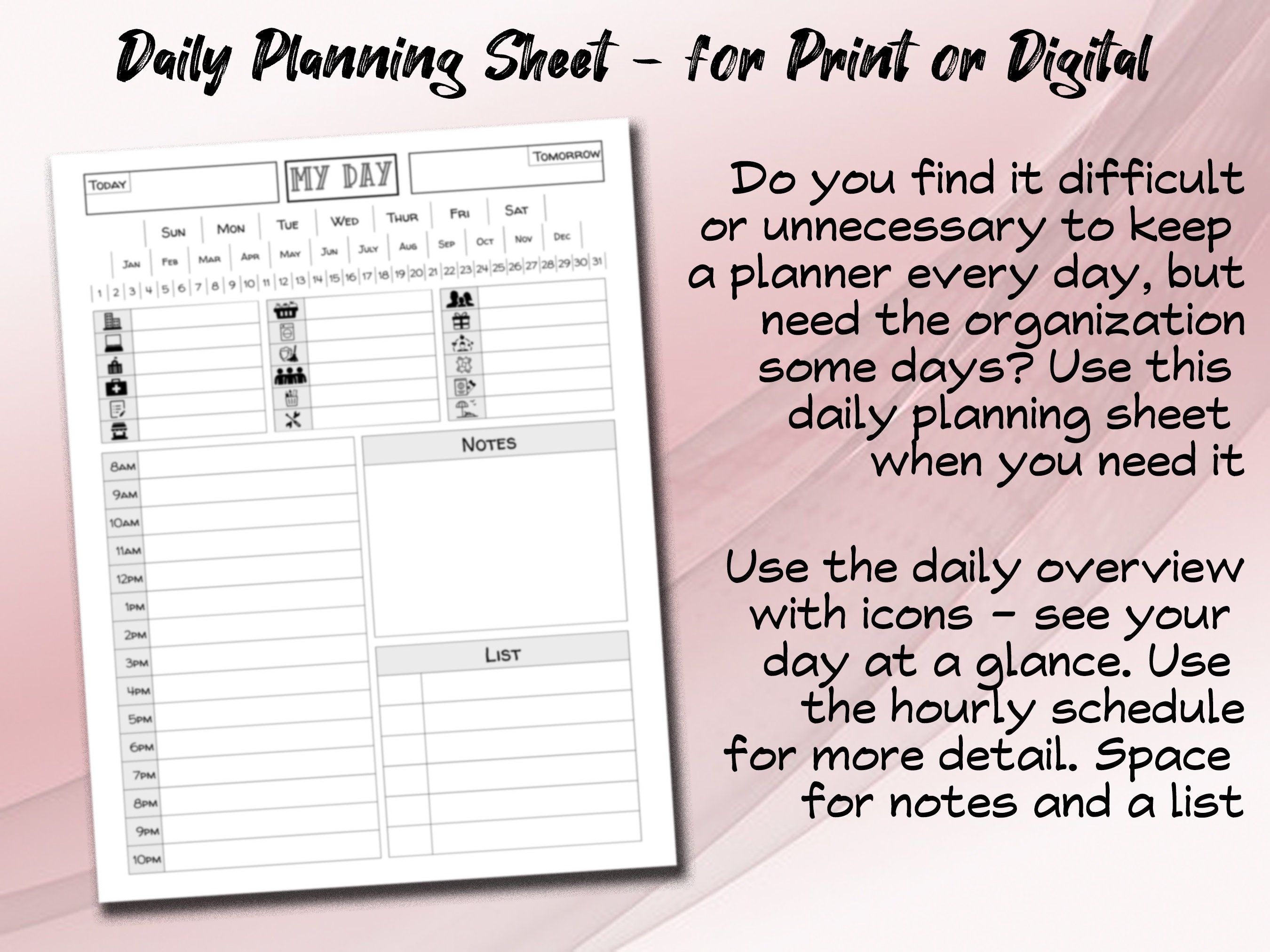 Daily Planning Sheet Printable Daily Plan Organization - Etsy