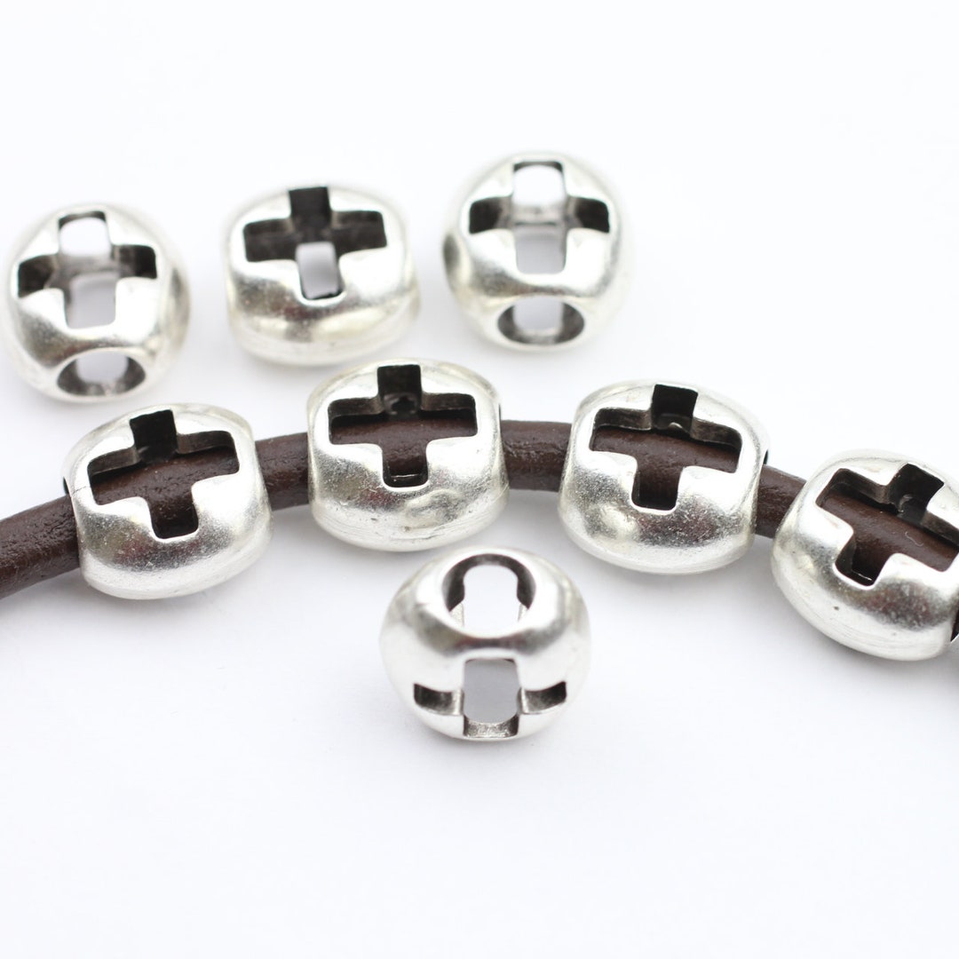 10 Antique Silver Plated Cross Beads, Large Hole Jewelry Supplies, ZM83 ...