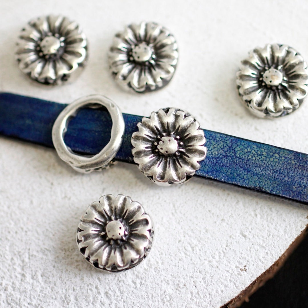 10 Flower Slider Beads, Antique Silver Zamak, Leather Cord Findings - Etsy