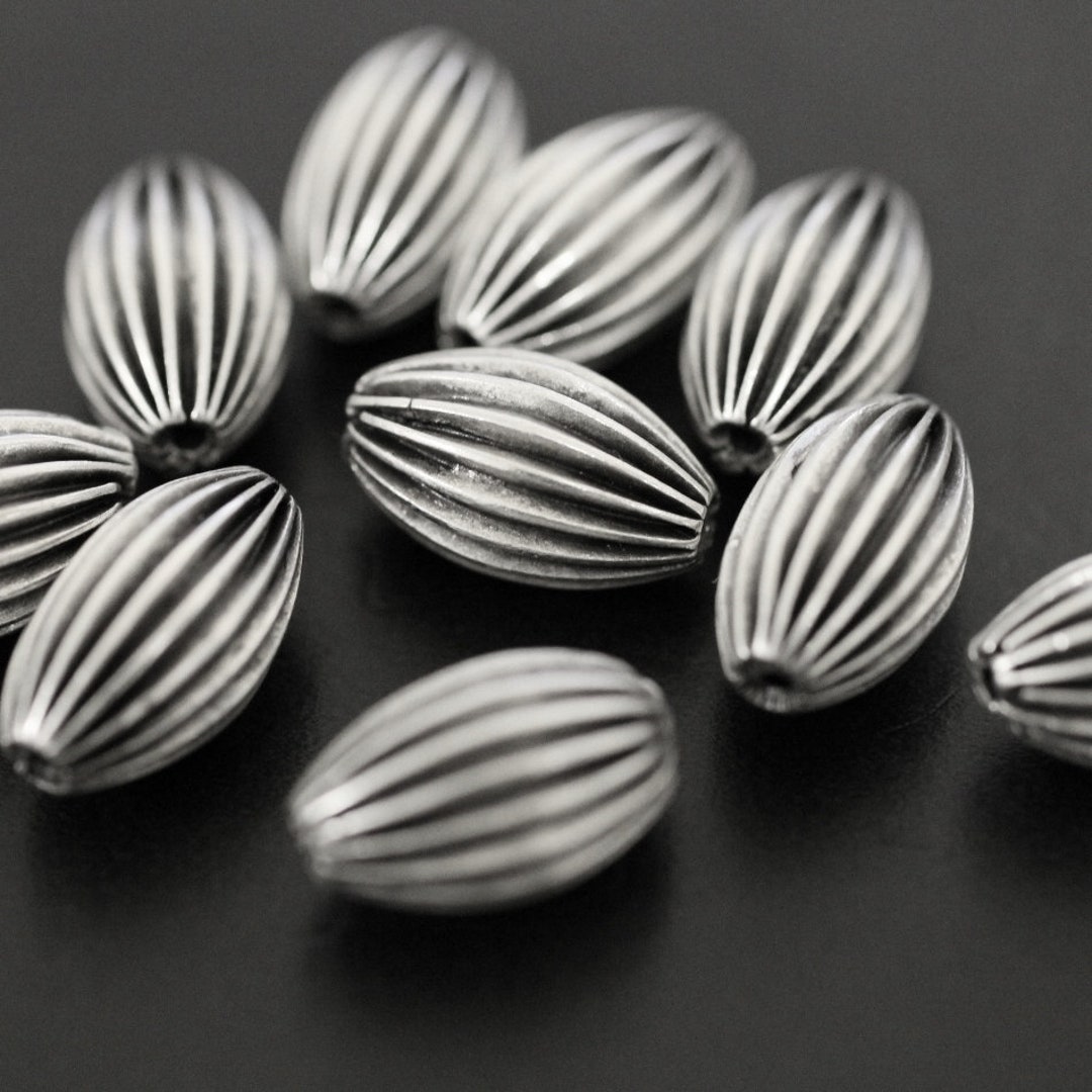 10 Oval Corrugated Straight Beads, Metal Beads, Textured Bead, Silver ...