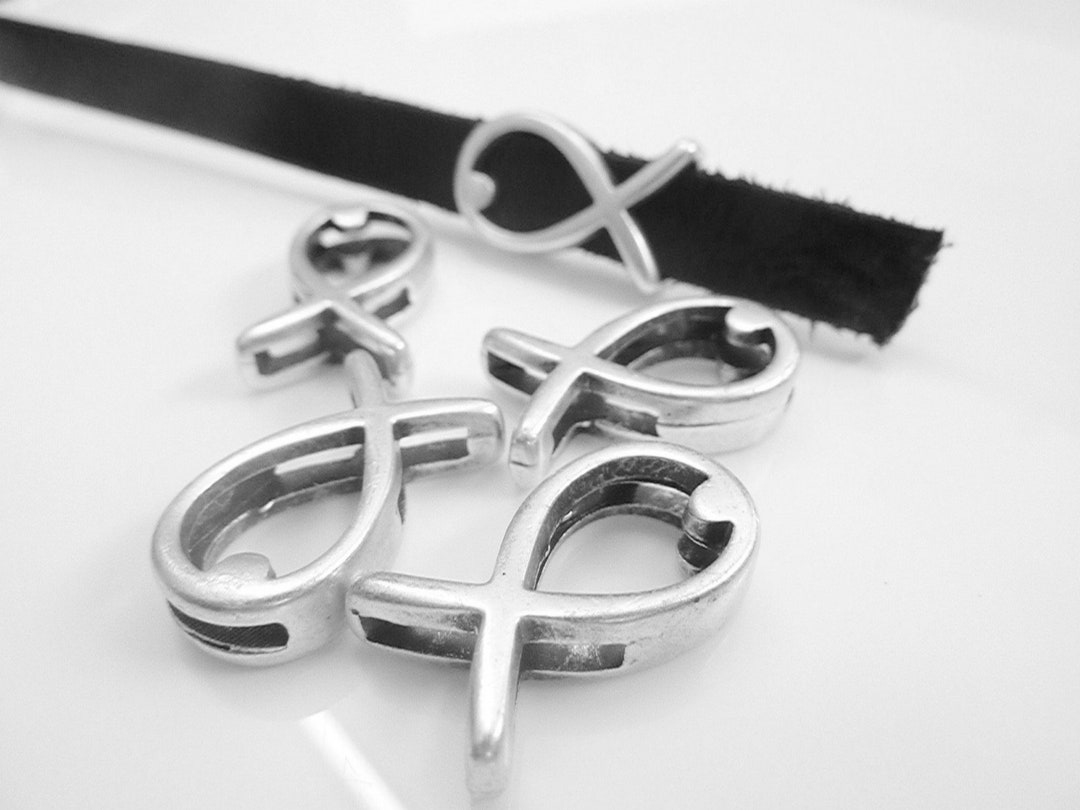 10 Fish Slider Beads, Silver Fish Slider for Flat Lether, Cord ...
