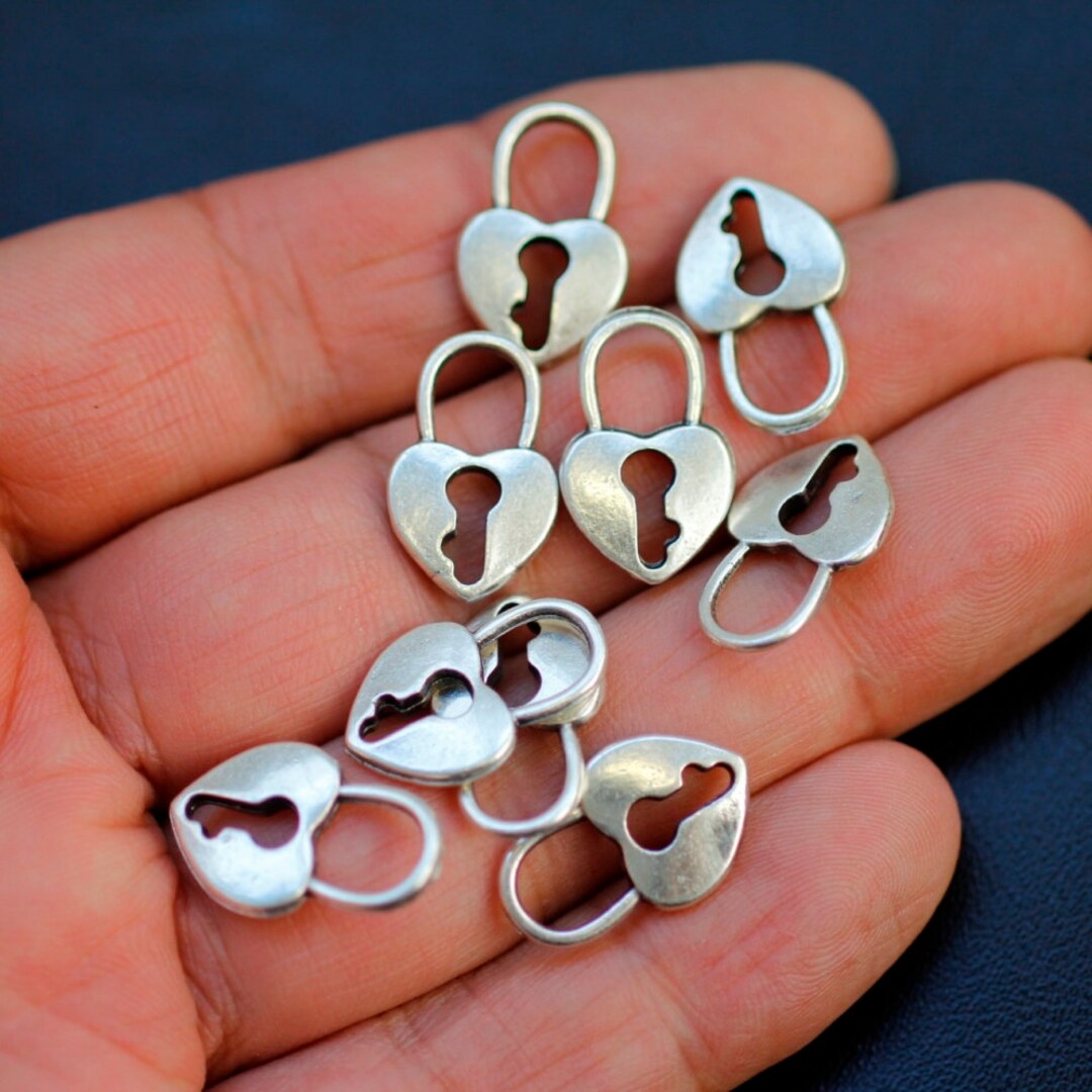 10 Silver Heart Lock Charms, Dainty Padlock Pendants, Jewelry Supplies ...