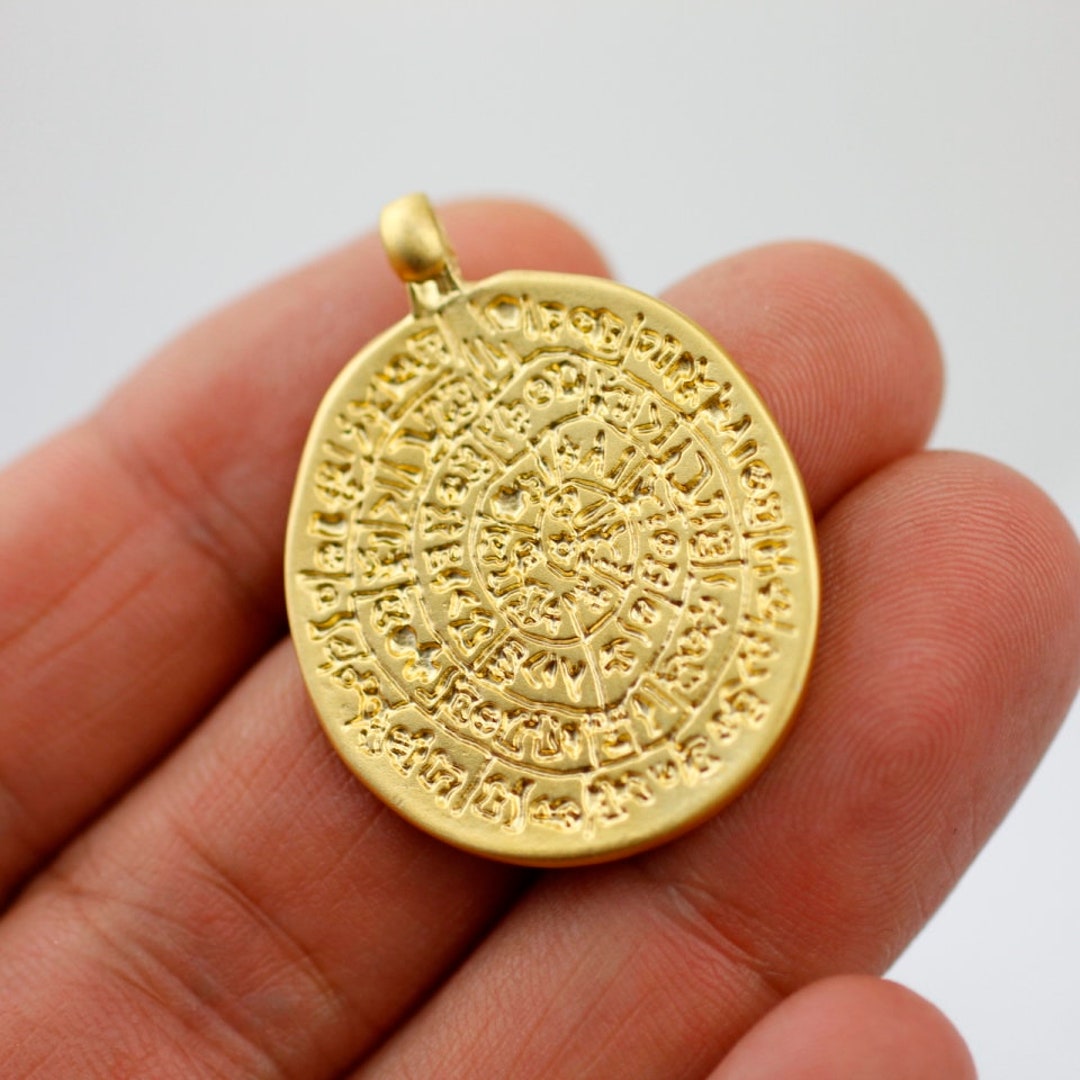 5 Minoan Phaistos Disk Pendant, Matte Gold, Replica Coins, Greek ...
