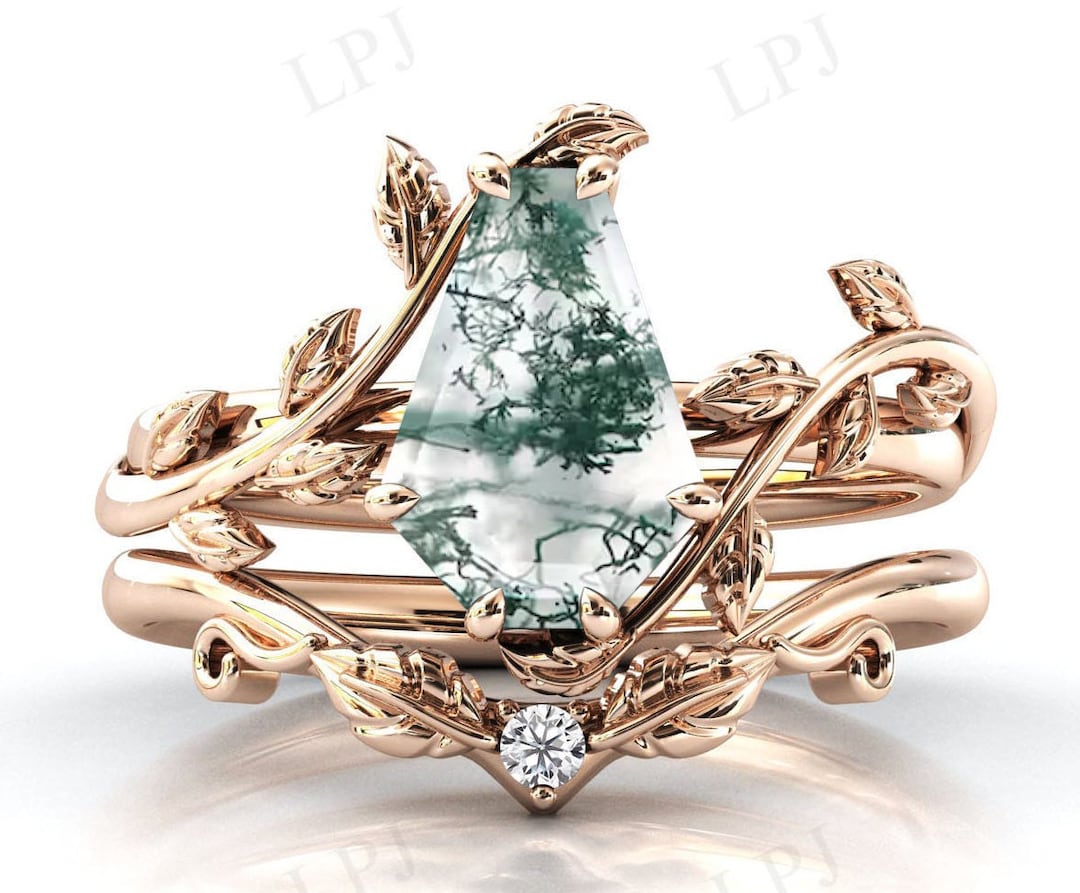 Coffin Shaped Moss Agate Engagement Ring Set for Women 14k Rose Gold ...