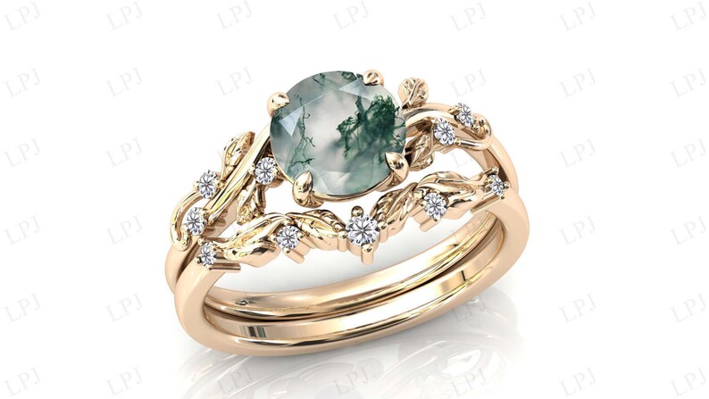 Vintage Moss Agate Engagement Ring for Women Set Sterling Silver Moss ...