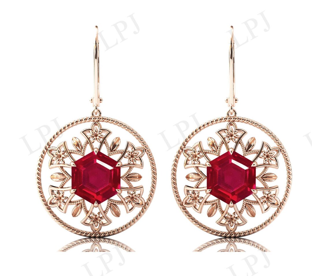 Hexagon Shaped Ruby Earrings for Women Art Deco Floral Earrings Unique ...