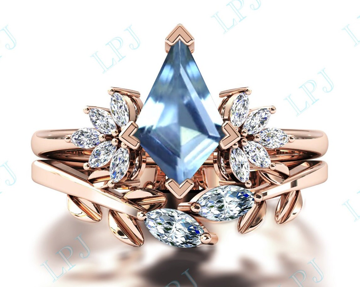 Kite Shaped Aquamarine Engagement Ring Set for Women Kite Cut ...