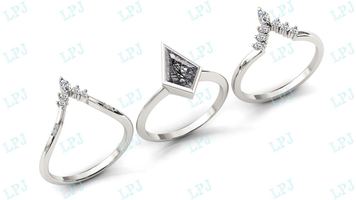 Kite Shaped Rutile Engagement Ring Set for Women Art Deco - Etsy